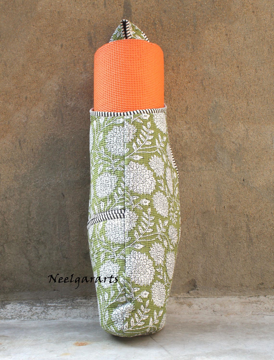 Handmade Green Floral Quilted Yoga Mat Bag: Indian Cotton Gym Tote - Etsy