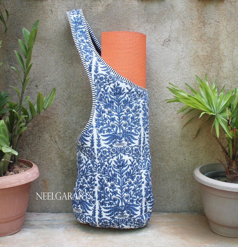 Indigo Floral Quilted Yoga Mat Bag: Indian Handmade Cotton Gym Tote - Etsy