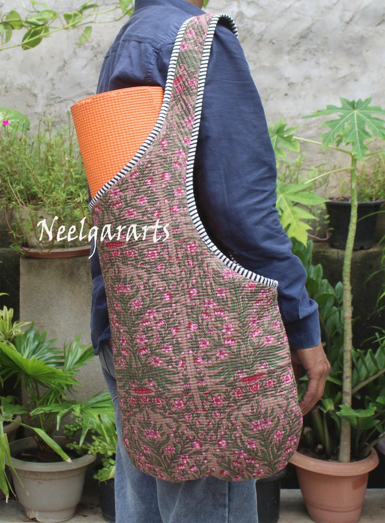 Pink Floral Quilted Yoga Mat Bag: Indian Handmade Cotton Gym Tote - Etsy