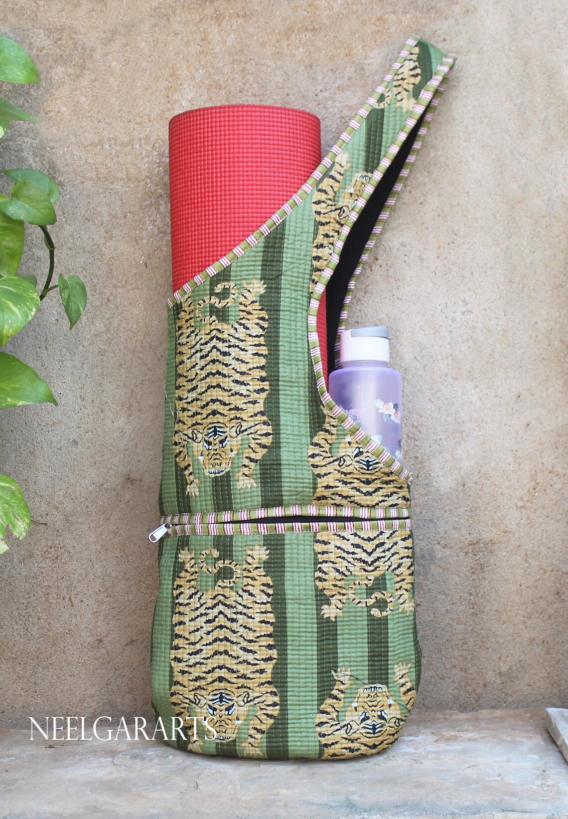 Quilted Yoga Mat Bag: Green Tiger Print Cotton Gym Bag - Etsy