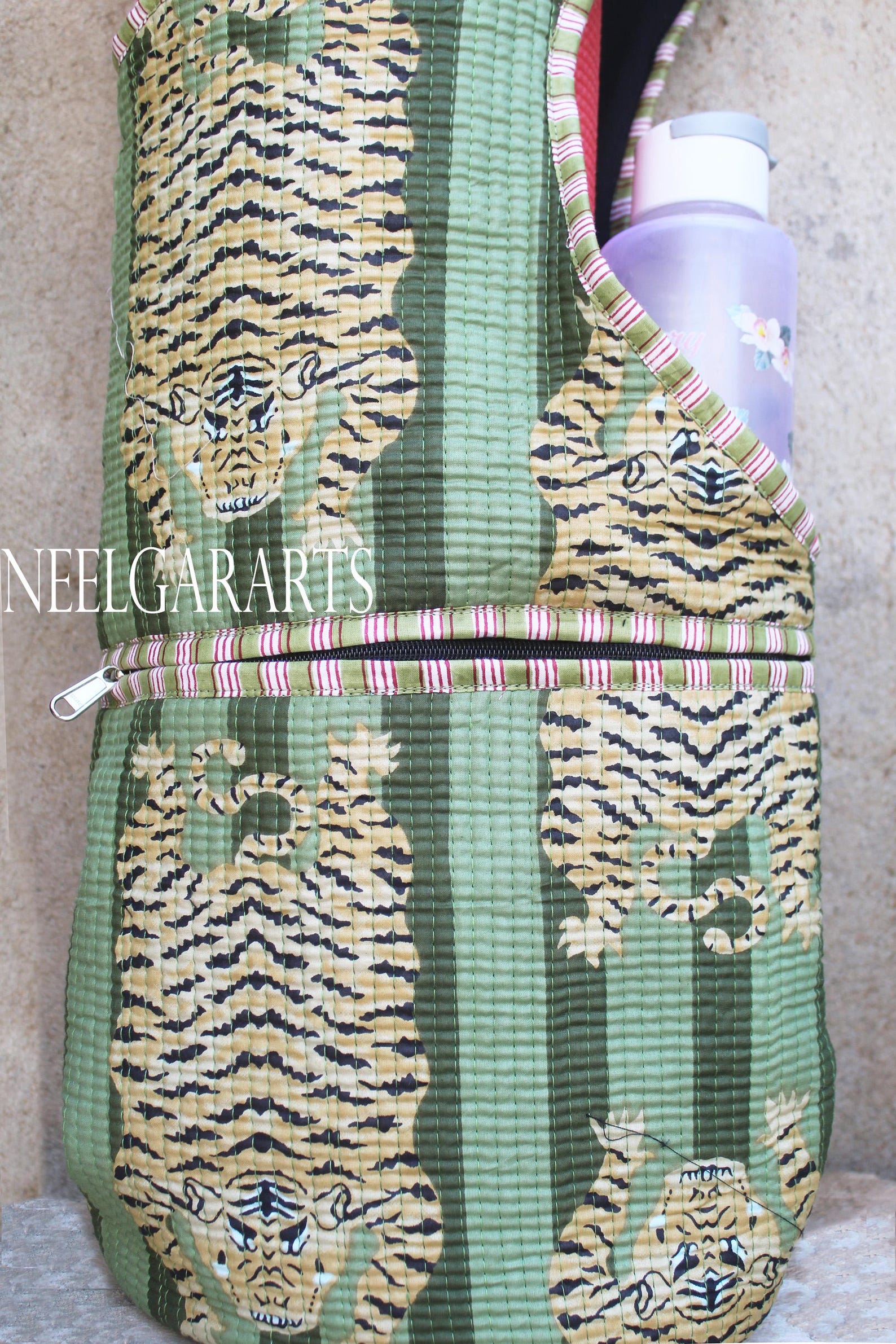 Quilted Yoga Mat Bag: Green Tiger Print Cotton Gym Bag - Etsy