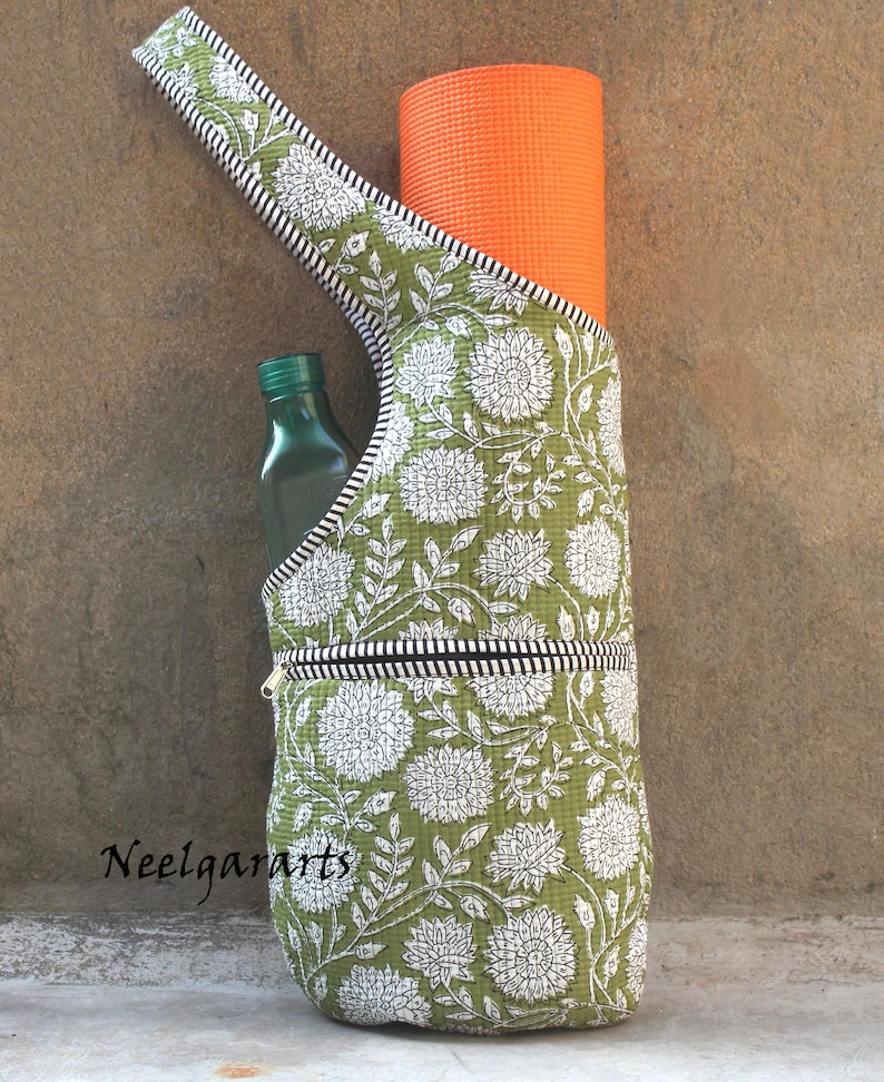 Handmade Green Floral Quilted Yoga Mat Bag: Indian Cotton Gym Tote - Etsy