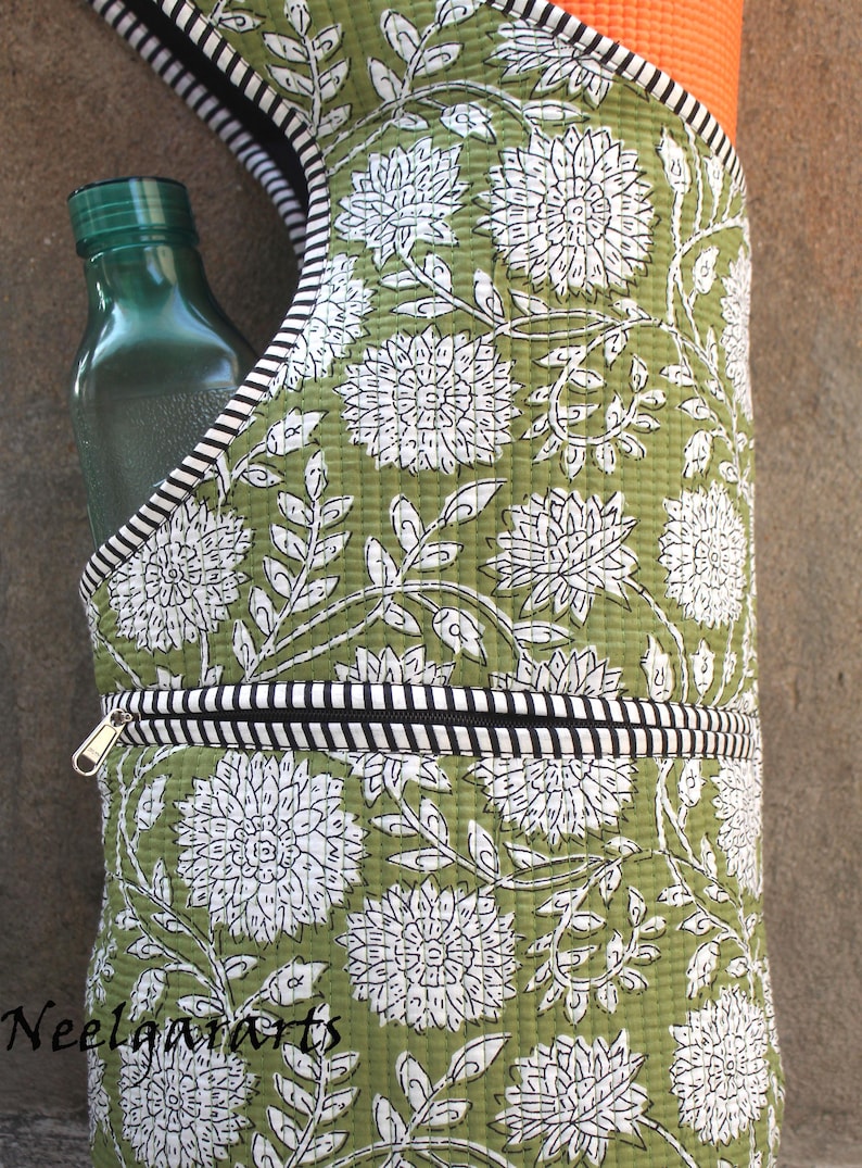 Handmade Green Floral Quilted Yoga Mat Bag: Indian Cotton Gym Tote - Etsy