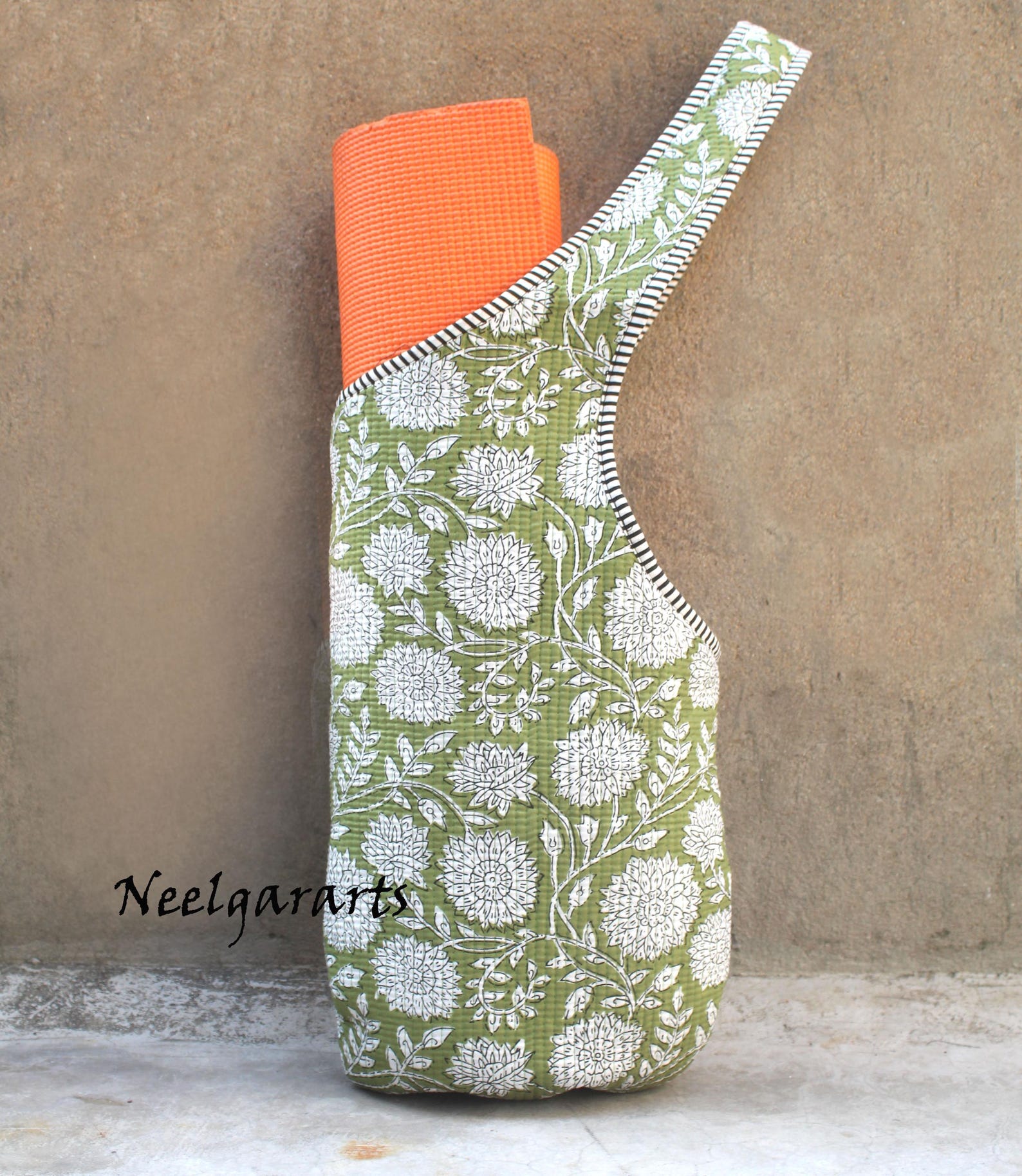 Handmade Green Floral Quilted Yoga Mat Bag: Indian Cotton Gym Tote - Etsy