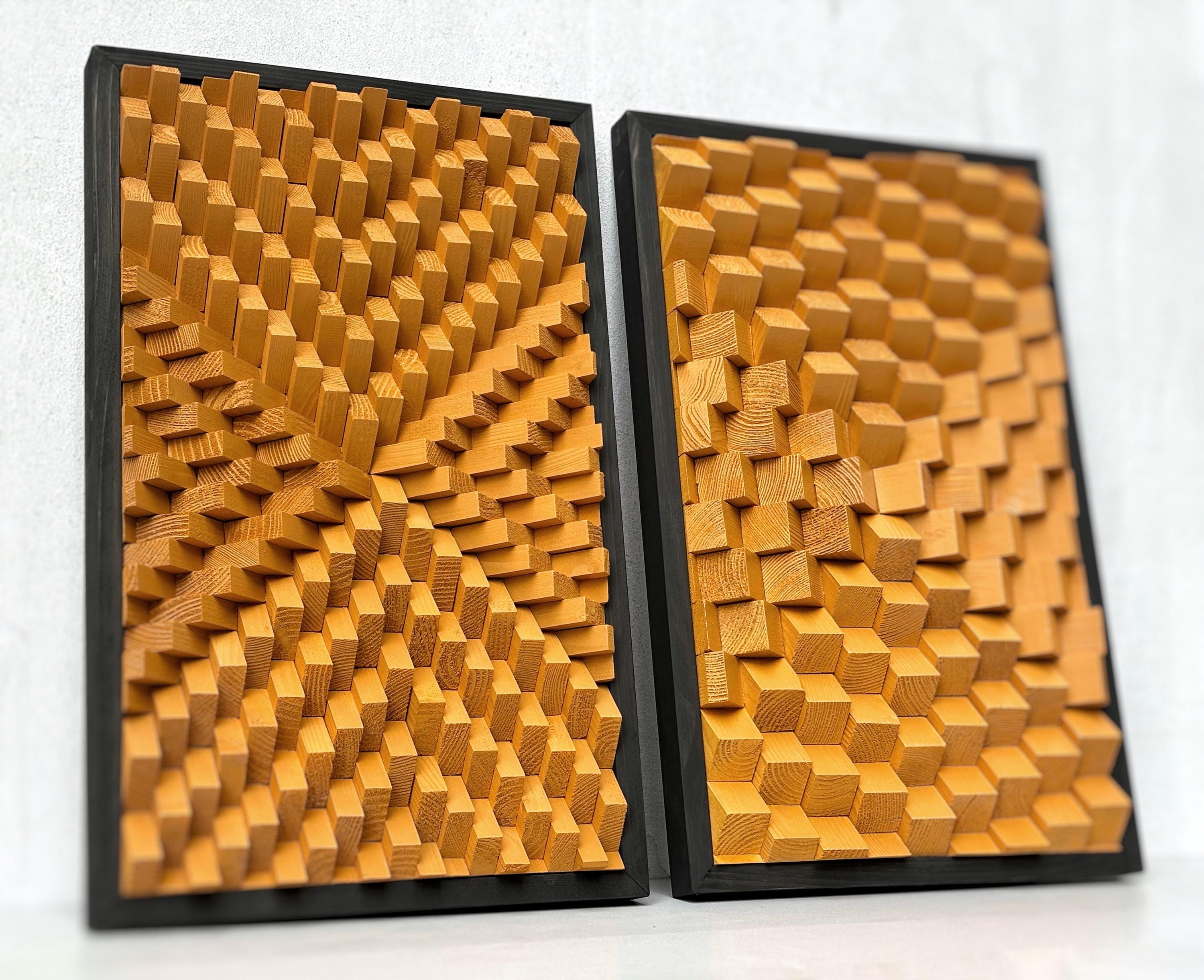 Set of 2 Acoustic Panels - Sound Diffusers - Wood Wall Art - Orange ...