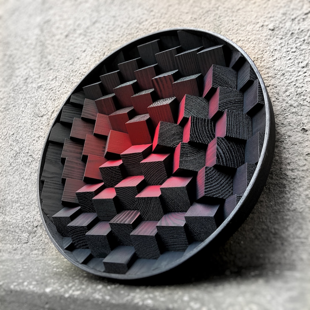 Round Acoustic Panel , Wood Wall Art , Black Red Circle 3D , Sound ...