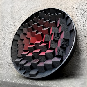 Round Acoustic Panel , Wood Wall Art , Black Red Circle 3D , Sound ...
