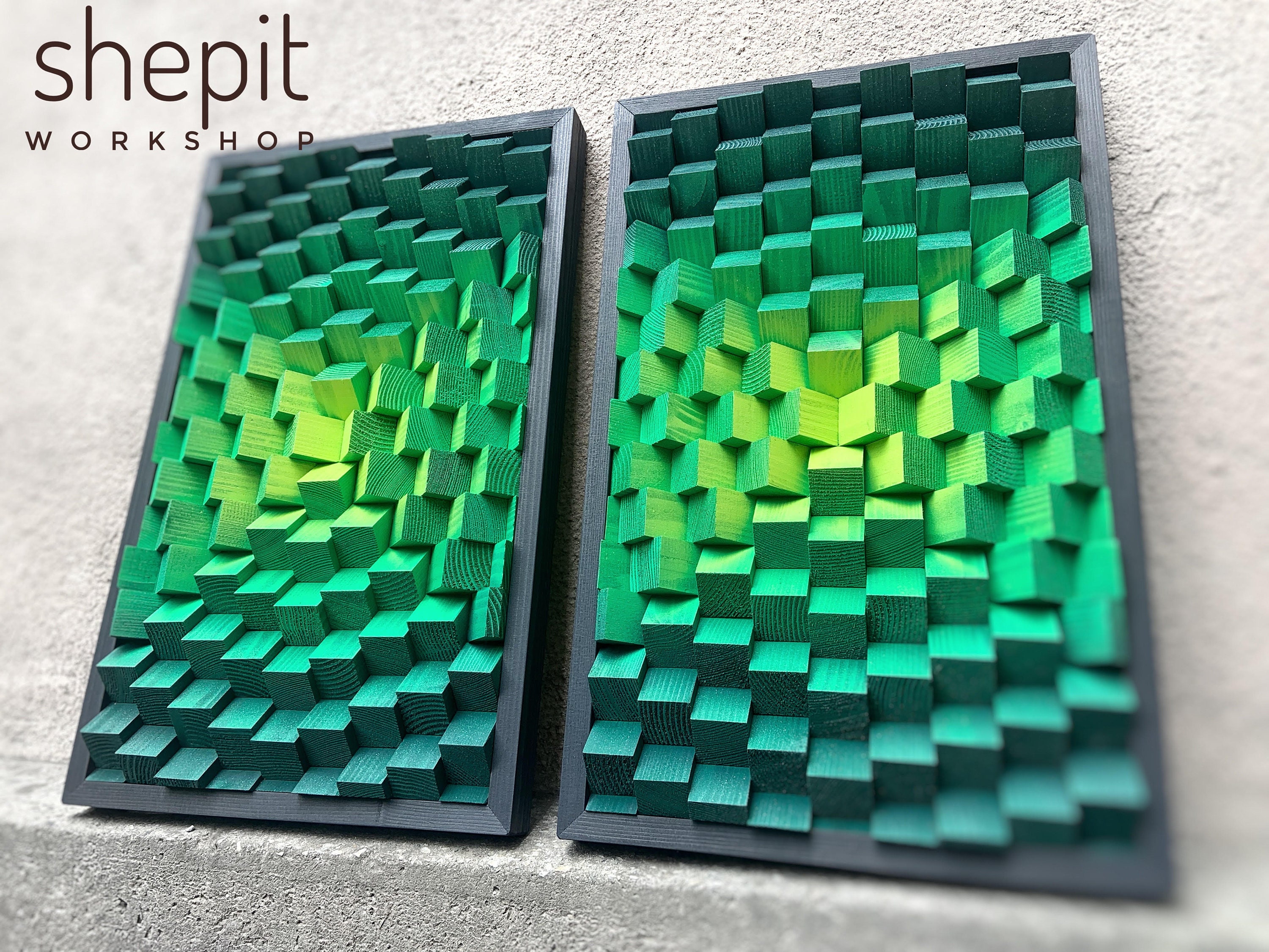 Set of 2 Acoustic Panels - Large 3D Wood Wall Art - Green Sound ...