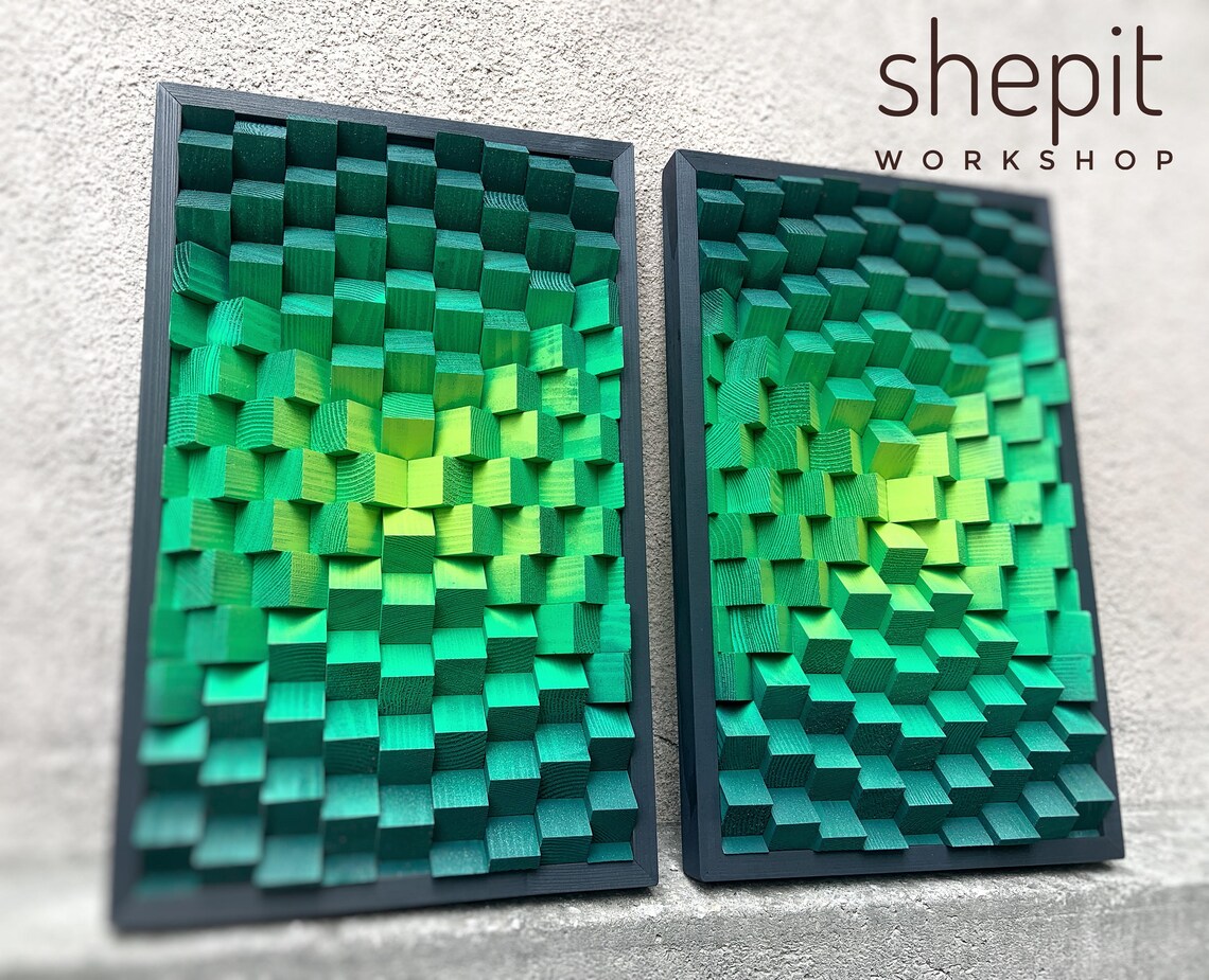 Set of 2 Acoustic Panels - Large 3D Wood Wall Art - Green Sound ...