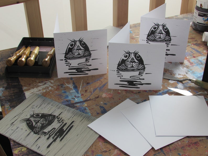 Set of Three | Handmade Linocut Prints | Seal | Greeting Cards | Gift ...