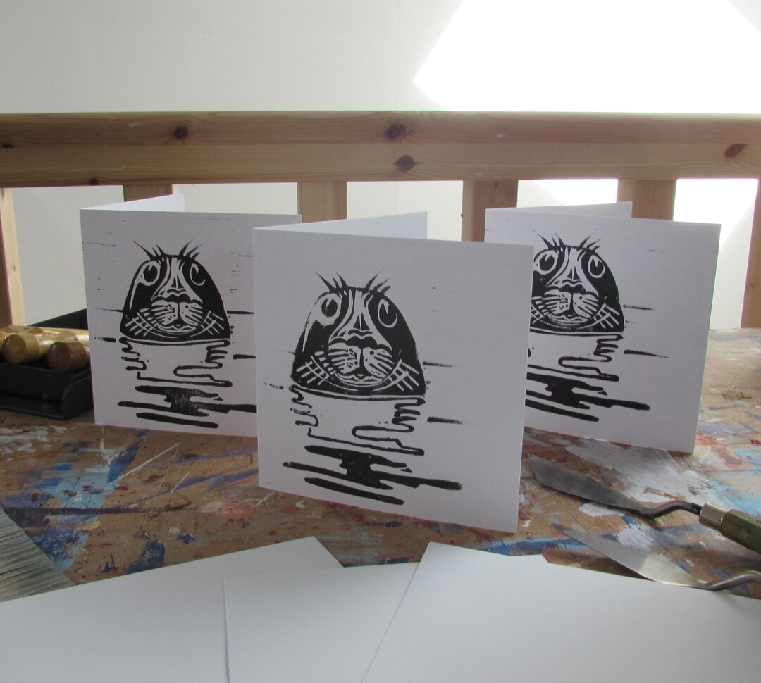Set of Three | Handmade Linocut Prints | Seal | Greeting Cards | Gift ...