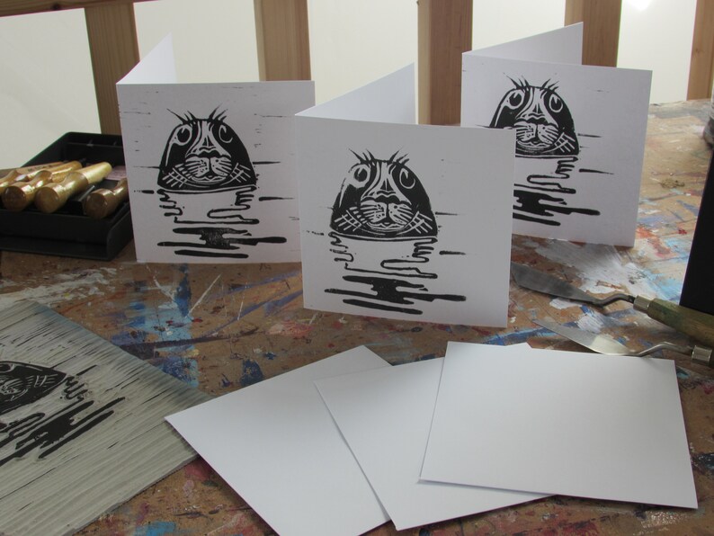 Set of Three | Handmade Linocut Prints | Seal | Greeting Cards | Gift ...
