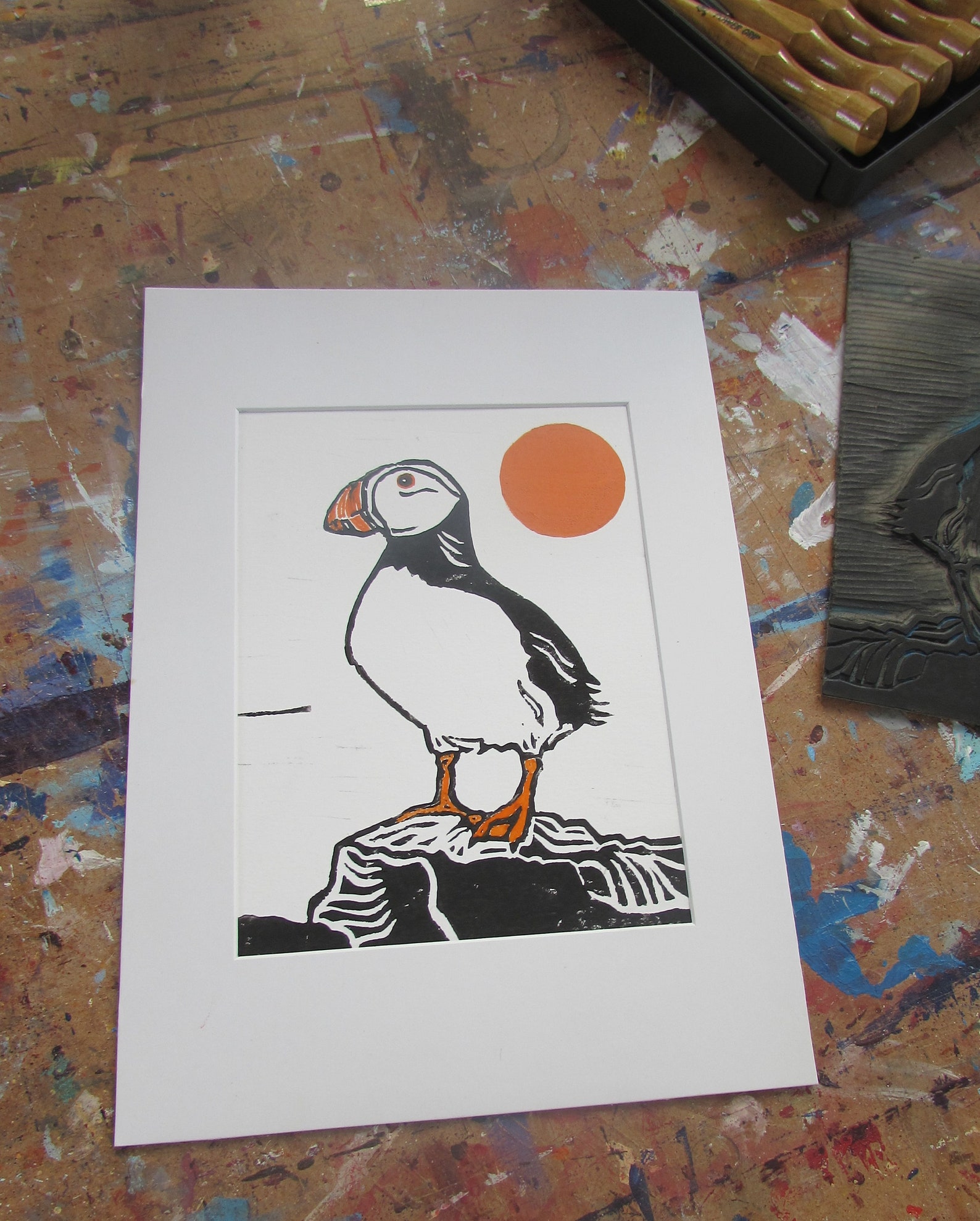 Hand Printed Linocut Print | Puffin in the Sun | Home & Living | Home ...