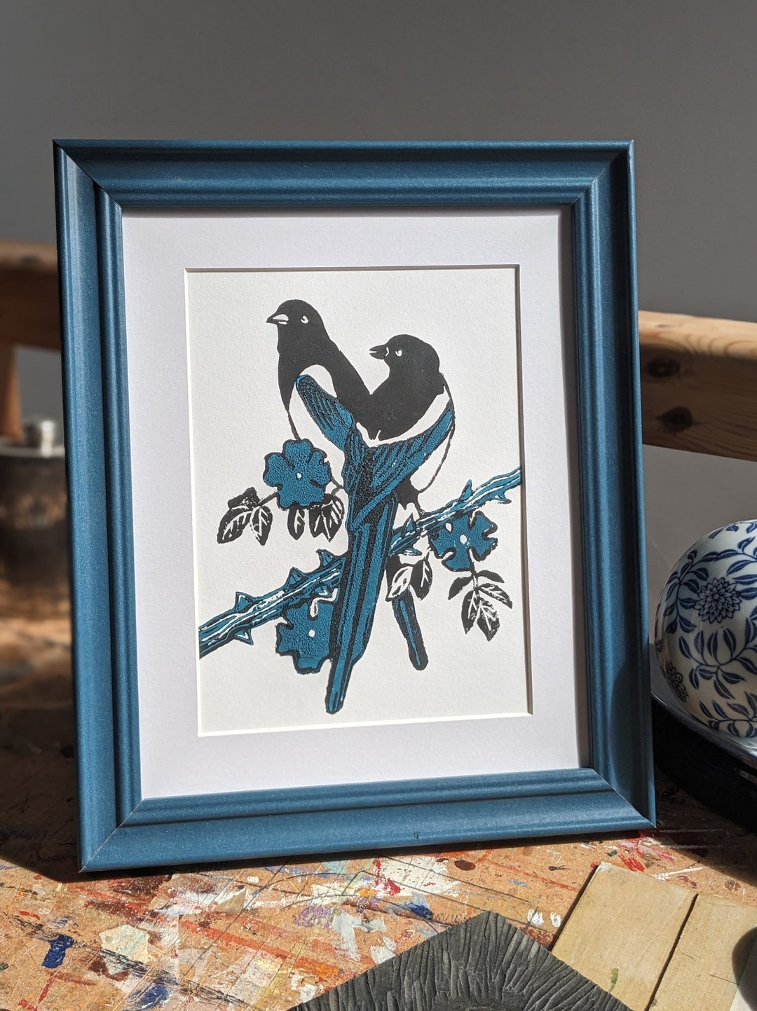 Hand Printed Linocut Print | Two for Joy | Magpie Birds | Rose Setting ...