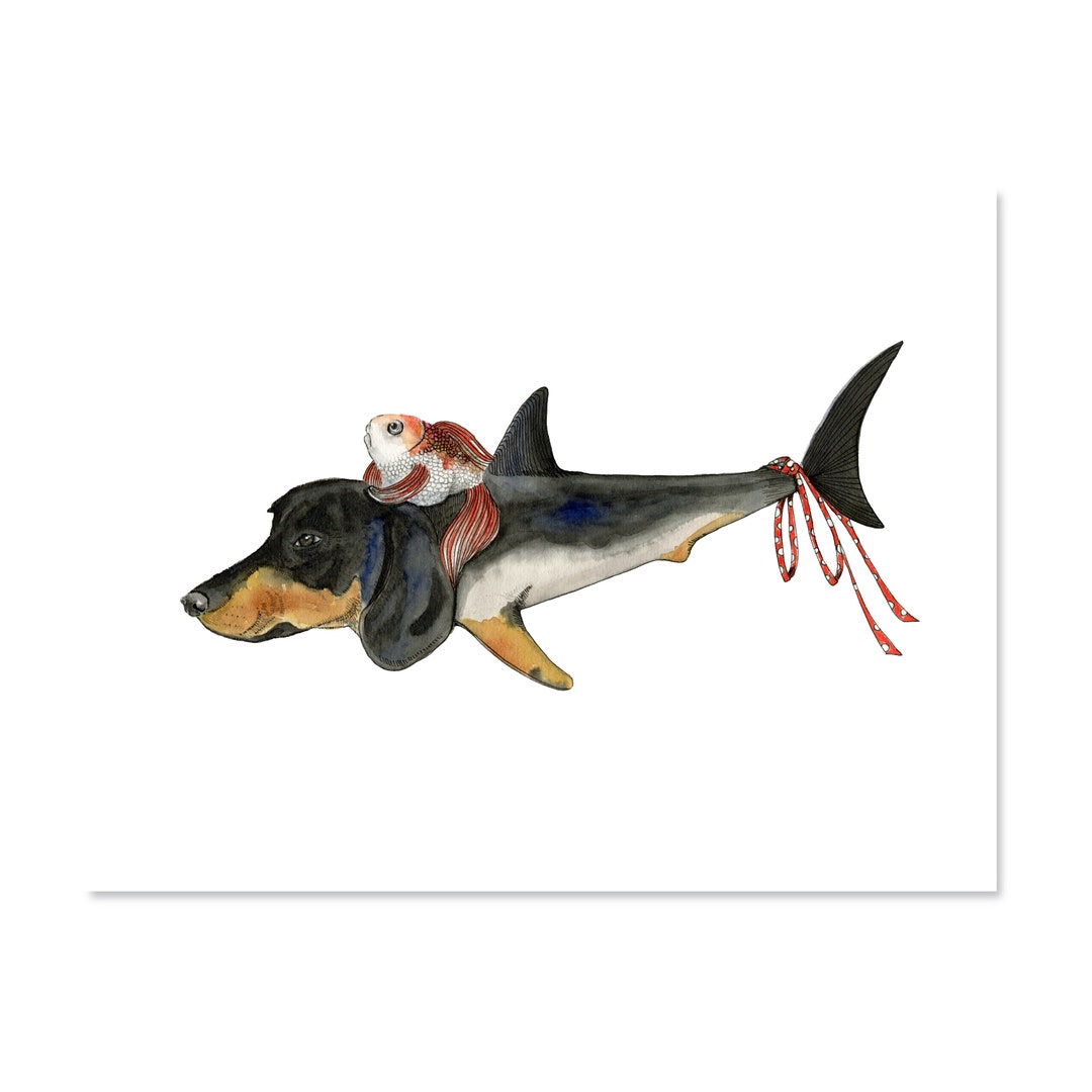 Zoocean: [dachshund-shark] Watercolor Art Print - Etsy