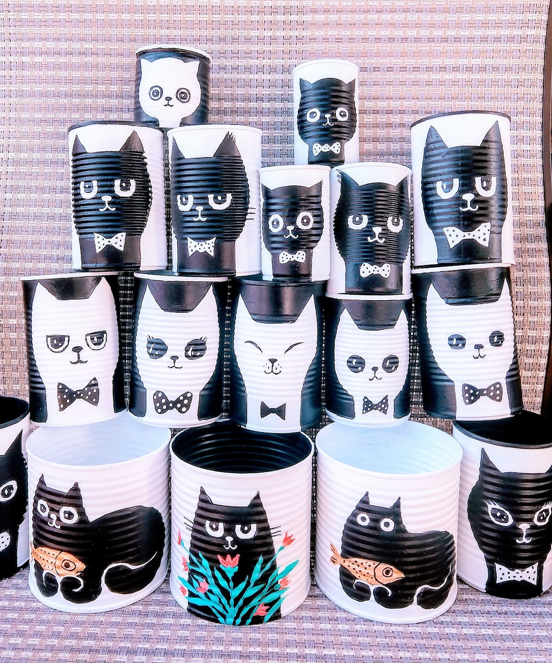 Hand Painted Tin Cans With Cute Cats, Recycled Tins, Small Storages ...