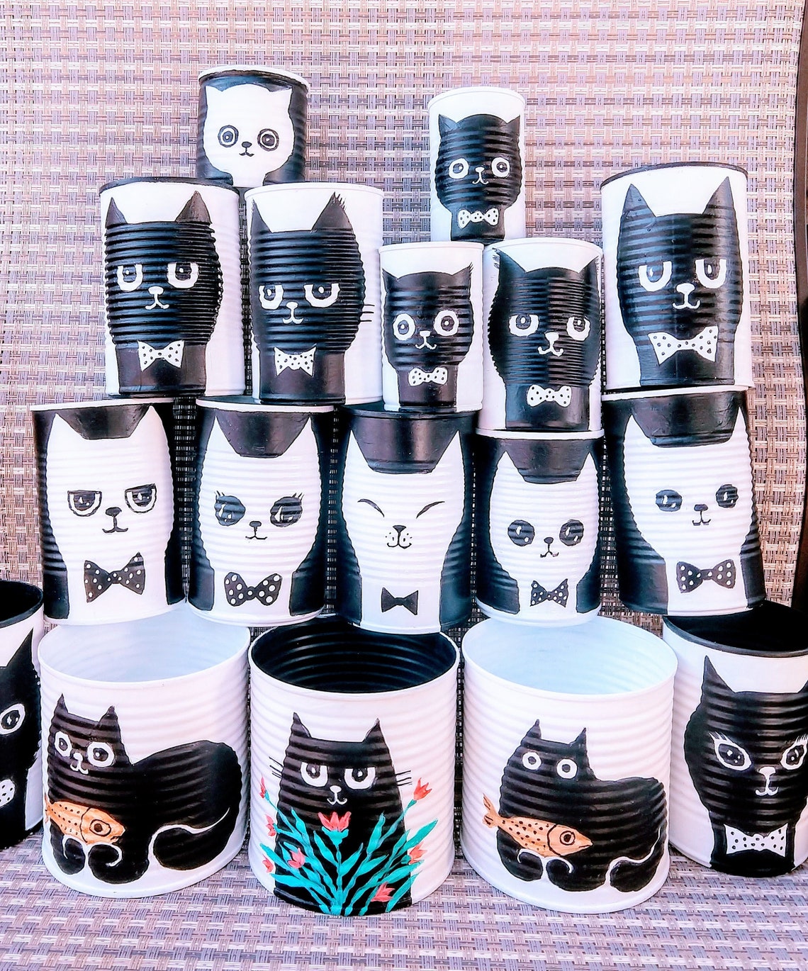 Hand Painted Tin Cans With Cute Cats, Recycled Tins, Small Storages ...