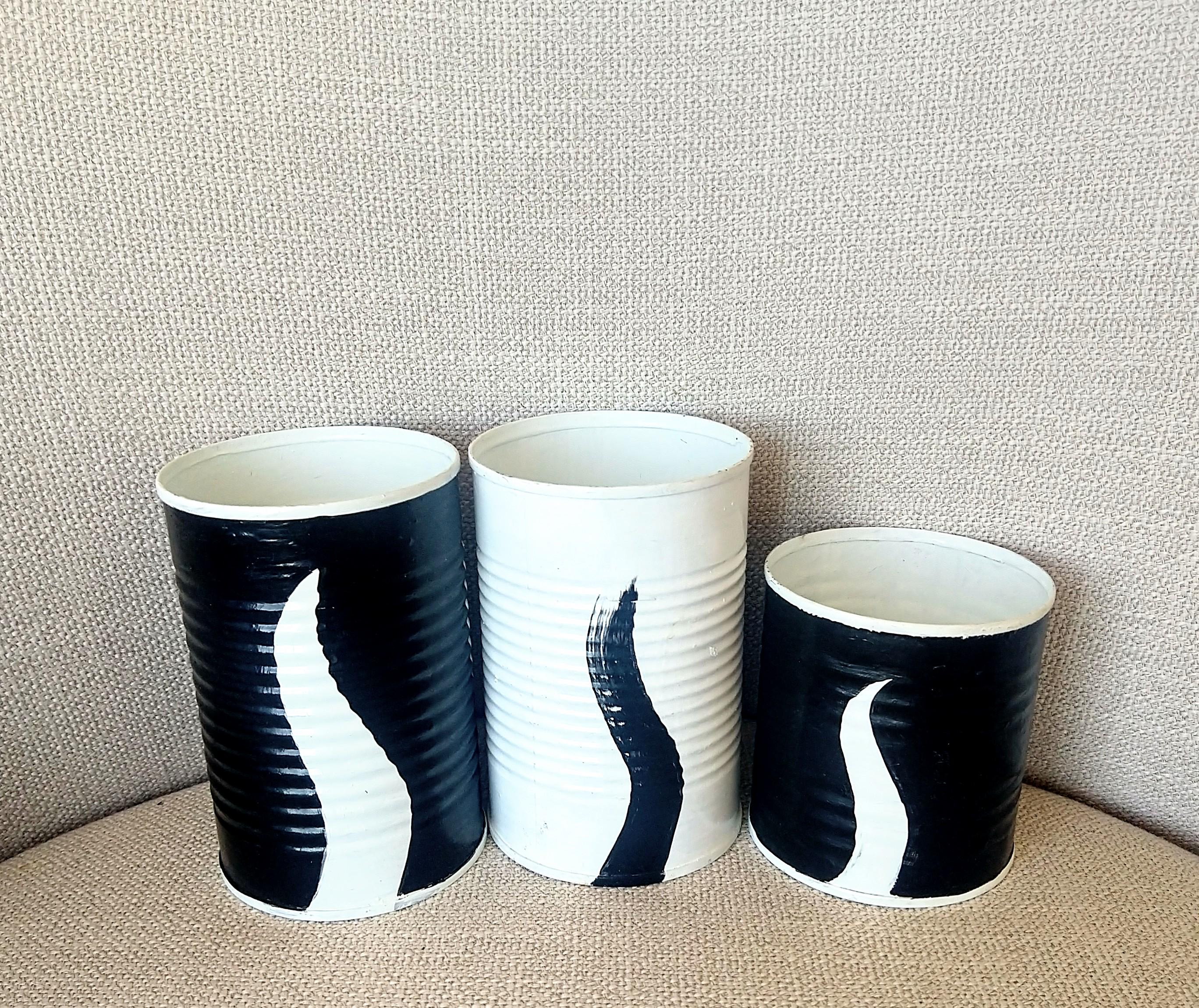 Hand Painted Tin Cans of Cats, Set of 3 Cats, White and Black Cat ...