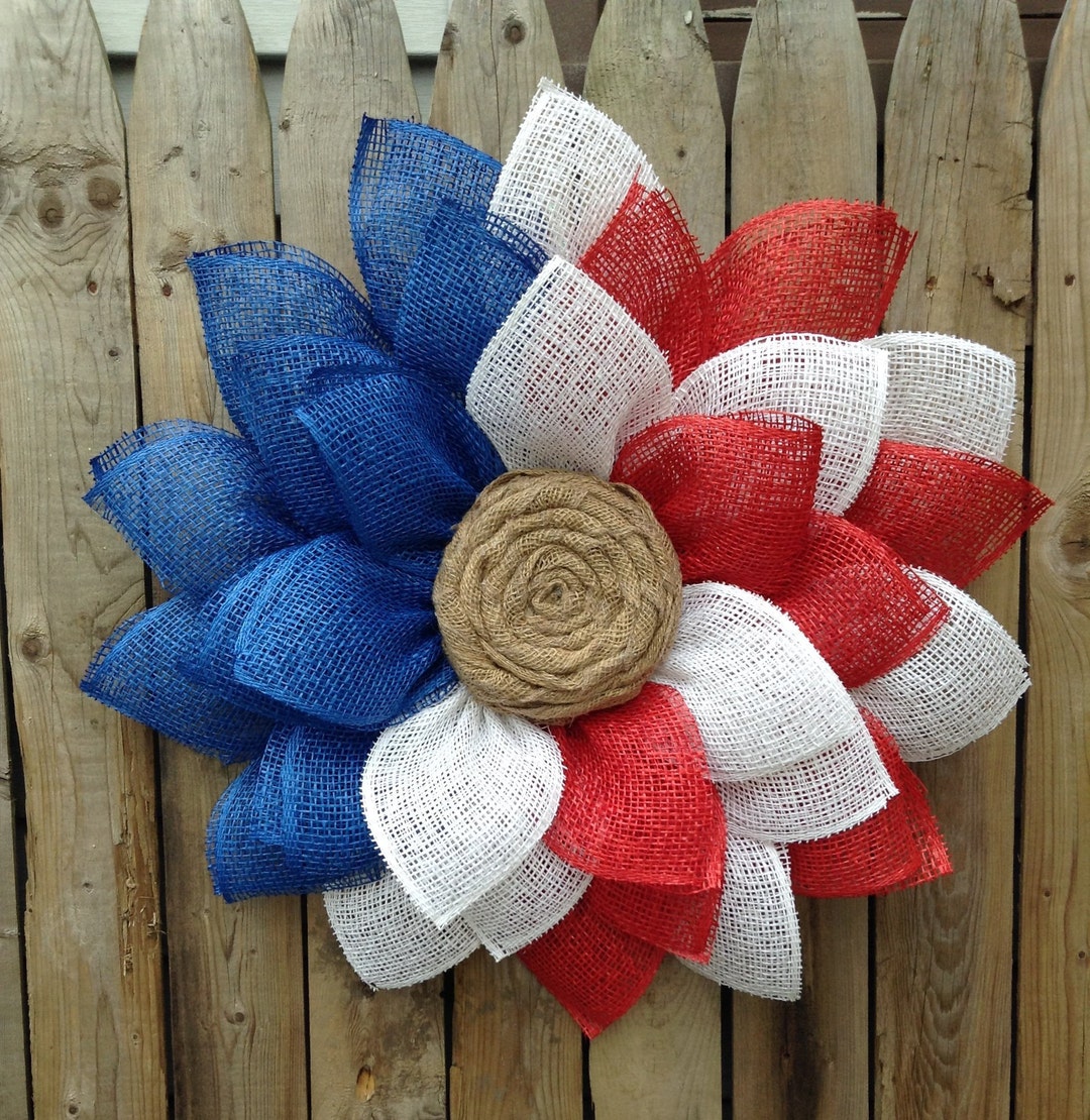 Patriotic Front Door Wreath, Summer Burlap Flower, Memorial Day Wreath ...