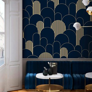 Art Deco Wallpaper Geometric Dark Blue Arches Non Metallic Peel and ...