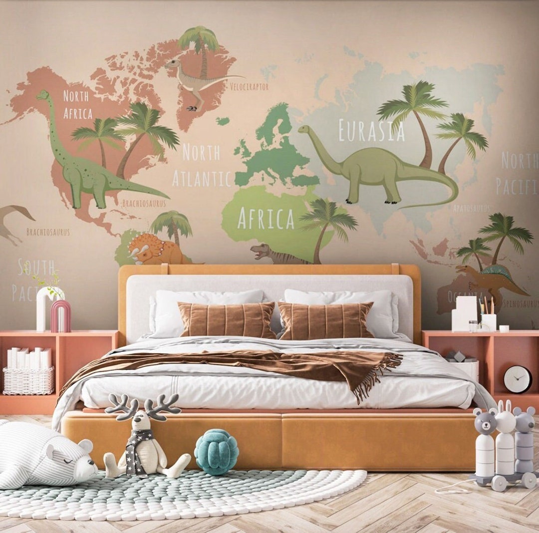 Dinosaurs World Map Wall Mural Boys Room Dino Wallpaper Decal Peel and ...