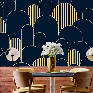 Art Deco Wallpaper Geometric Dark Blue Arches Non Metallic Peel and ...