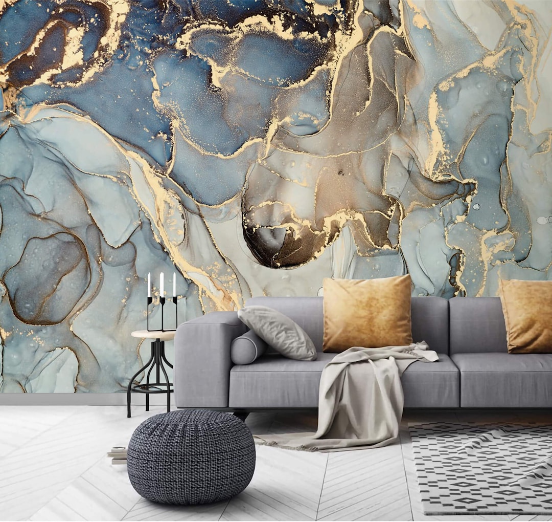Blue and Gold Non Metallic Abstract Wall Mural: Peel and Stick or ...