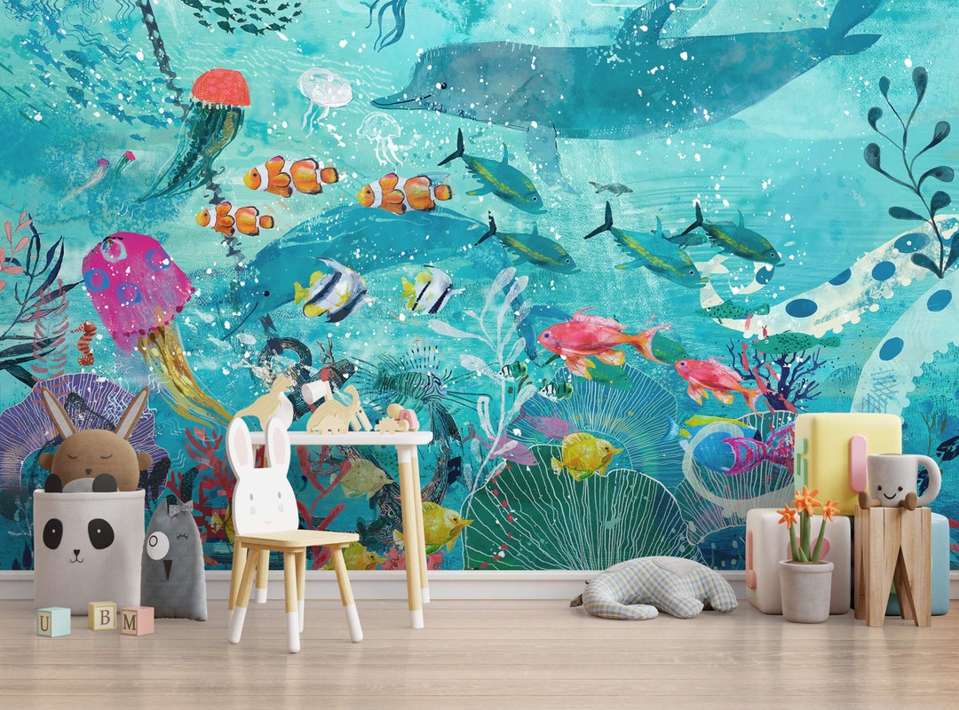 Underwater Sea Animals Wall Mural: Nautical Kids Room Decor, Peel ...