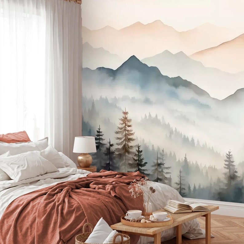 Foggy Mountains Watercolor Wall Mural - Peel and Stick or Traditional ...