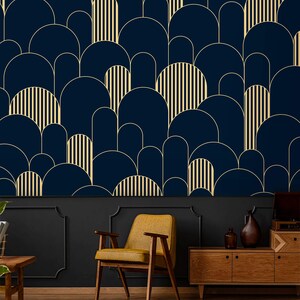 Art Deco Wallpaper Geometric Dark Blue Arches Non Metallic Peel and ...