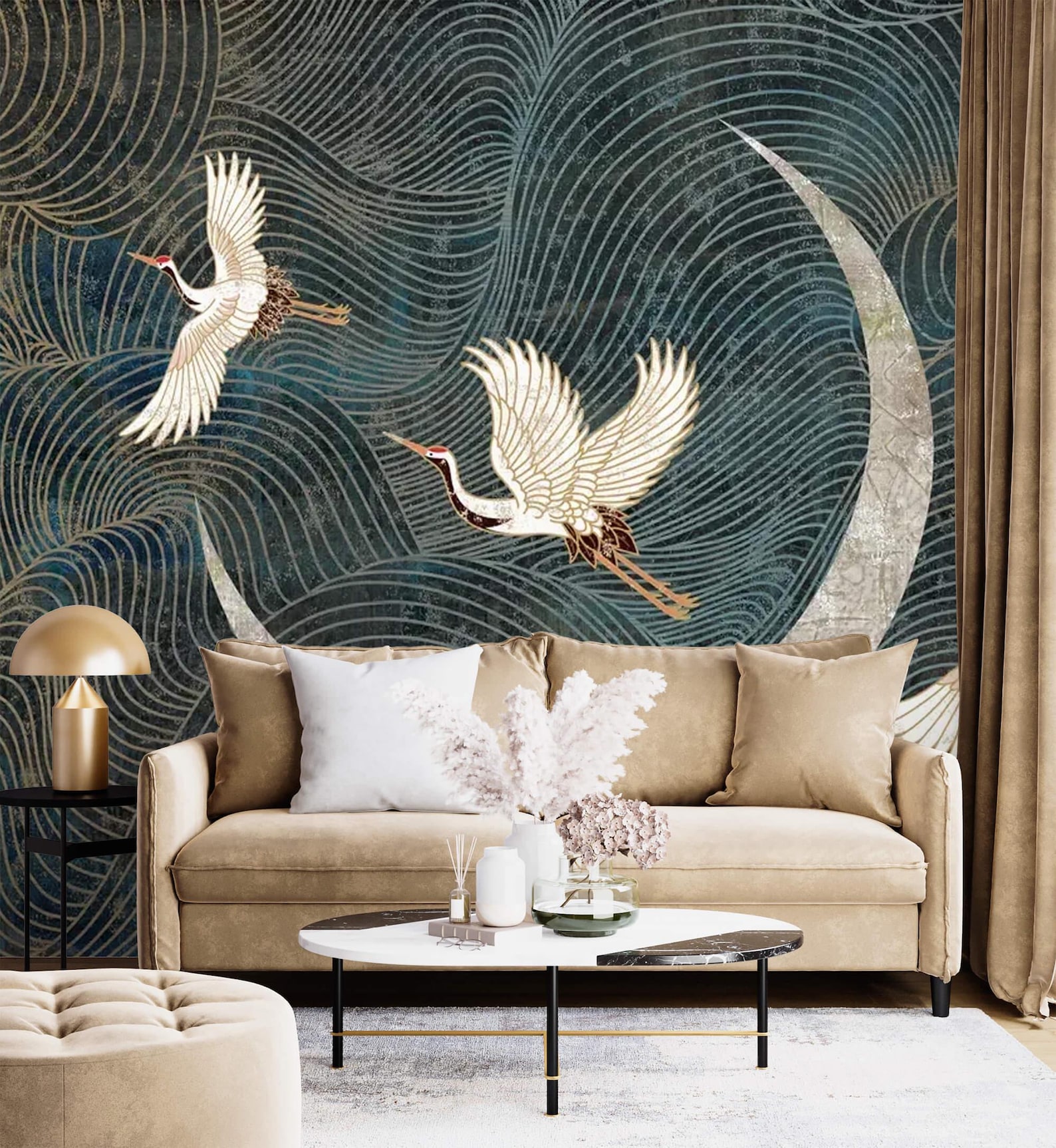 Art Deco Wallpaper With Cranes Peel and Stick Removable or Traditional ...