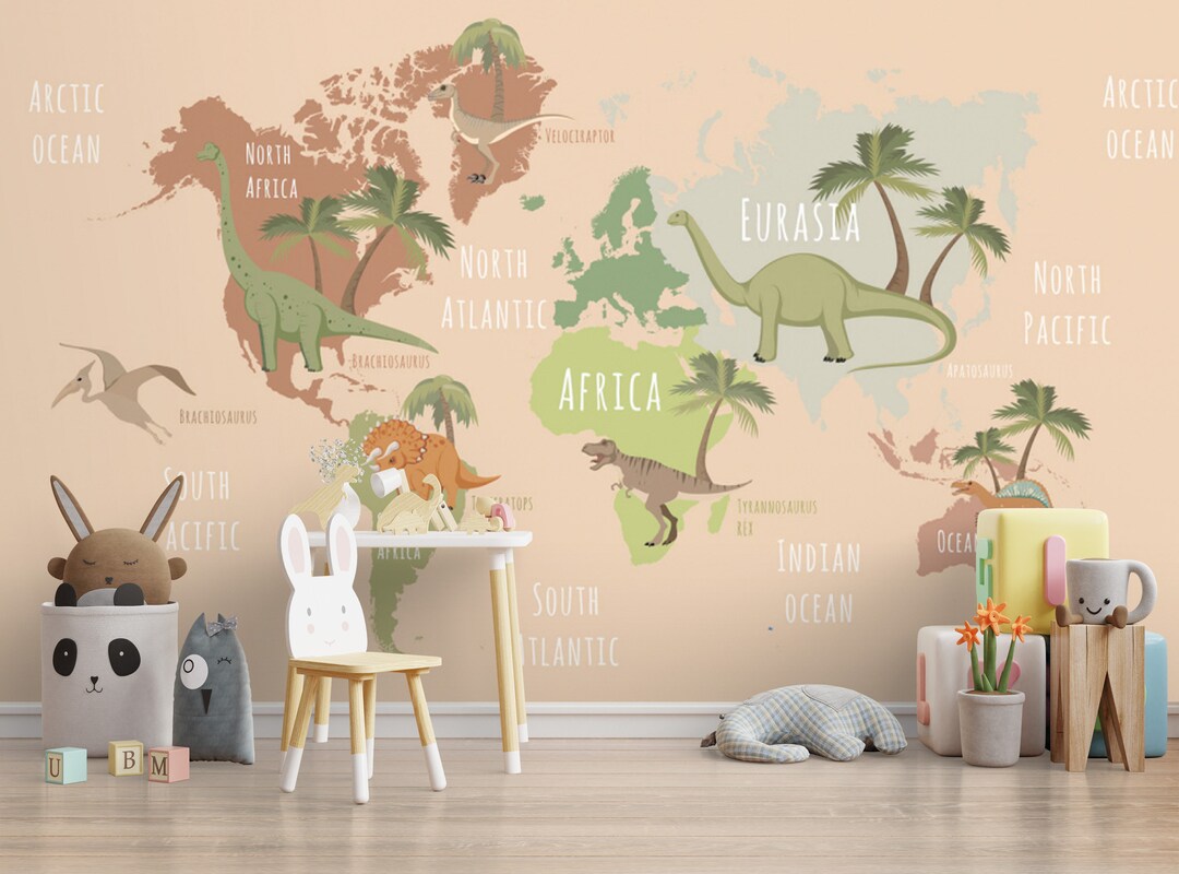 Dinosaurs World Map Wall Mural Boys Room Dino Wallpaper Decal Peel and ...