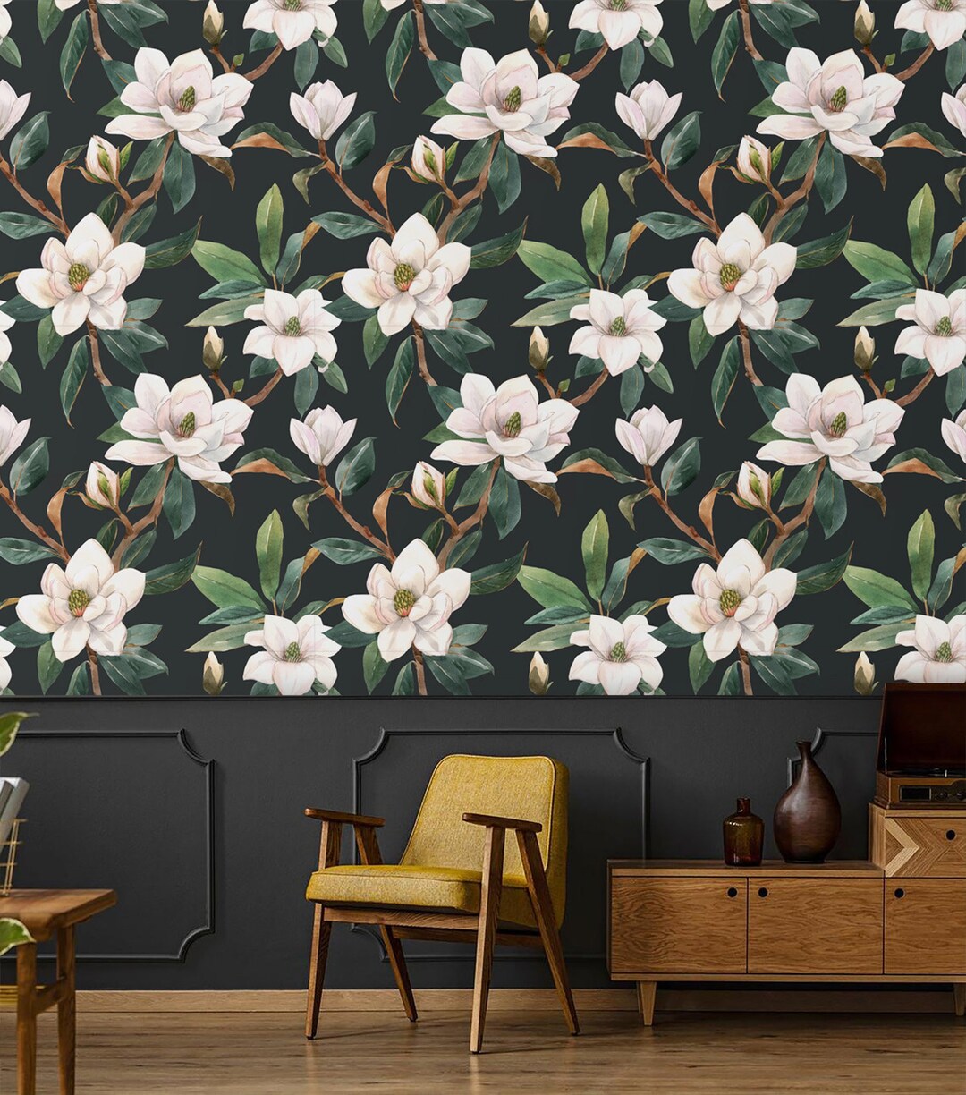 Dark Floral Wallpaper Magnolia Flowers Peel and Stick Removable or ...