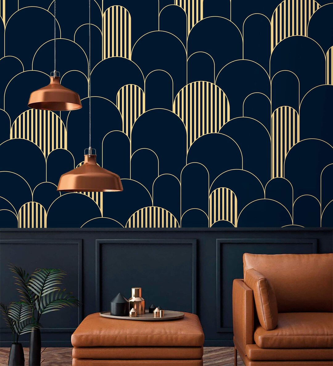 Art Deco Wallpaper Geometric Dark Blue Arches Non Metallic Peel and ...