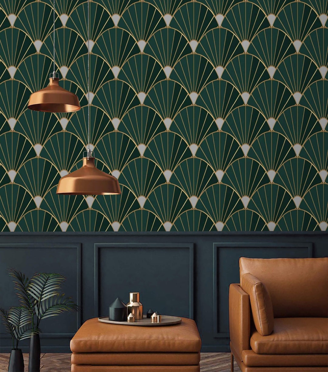 Art Deco Dark Green Wallpaper Fans Peel and Stick Removable or ...