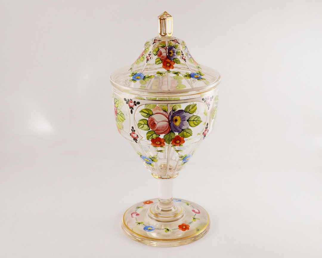 Victorian Hand Painted Glass Lidded Candy Dish - Etsy