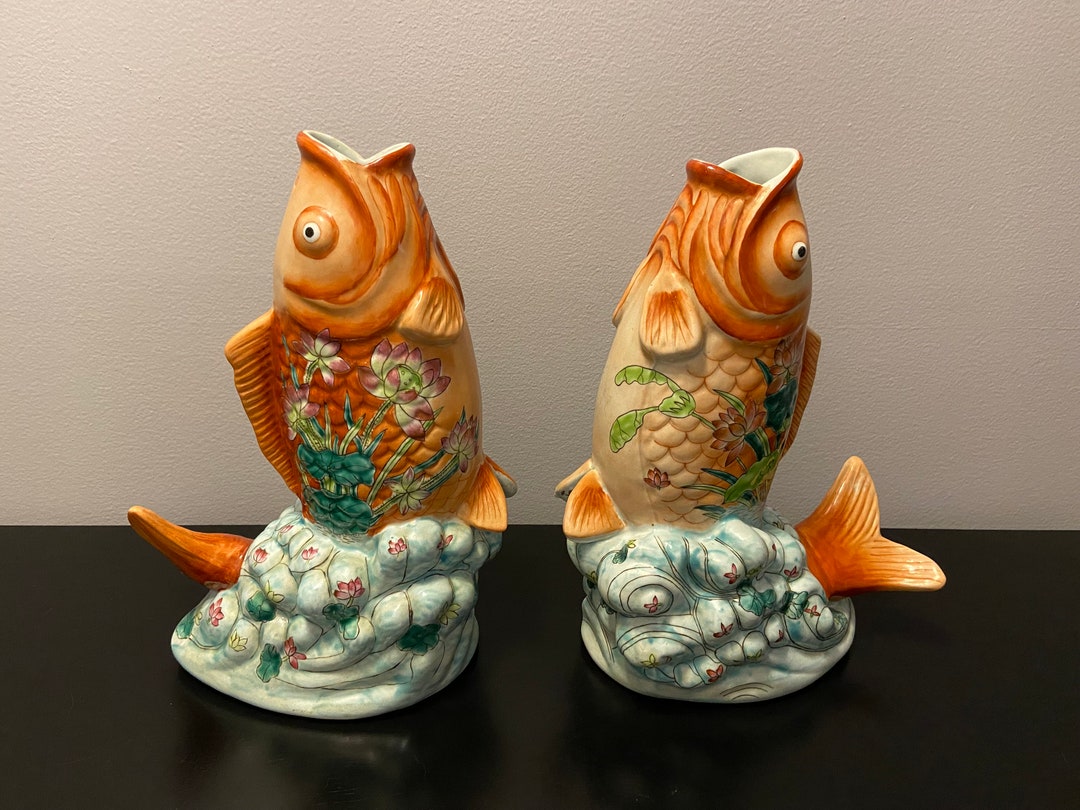 Chinese Porcelain Koi Fish Statue Vase With Hand Painted Details Pair ...