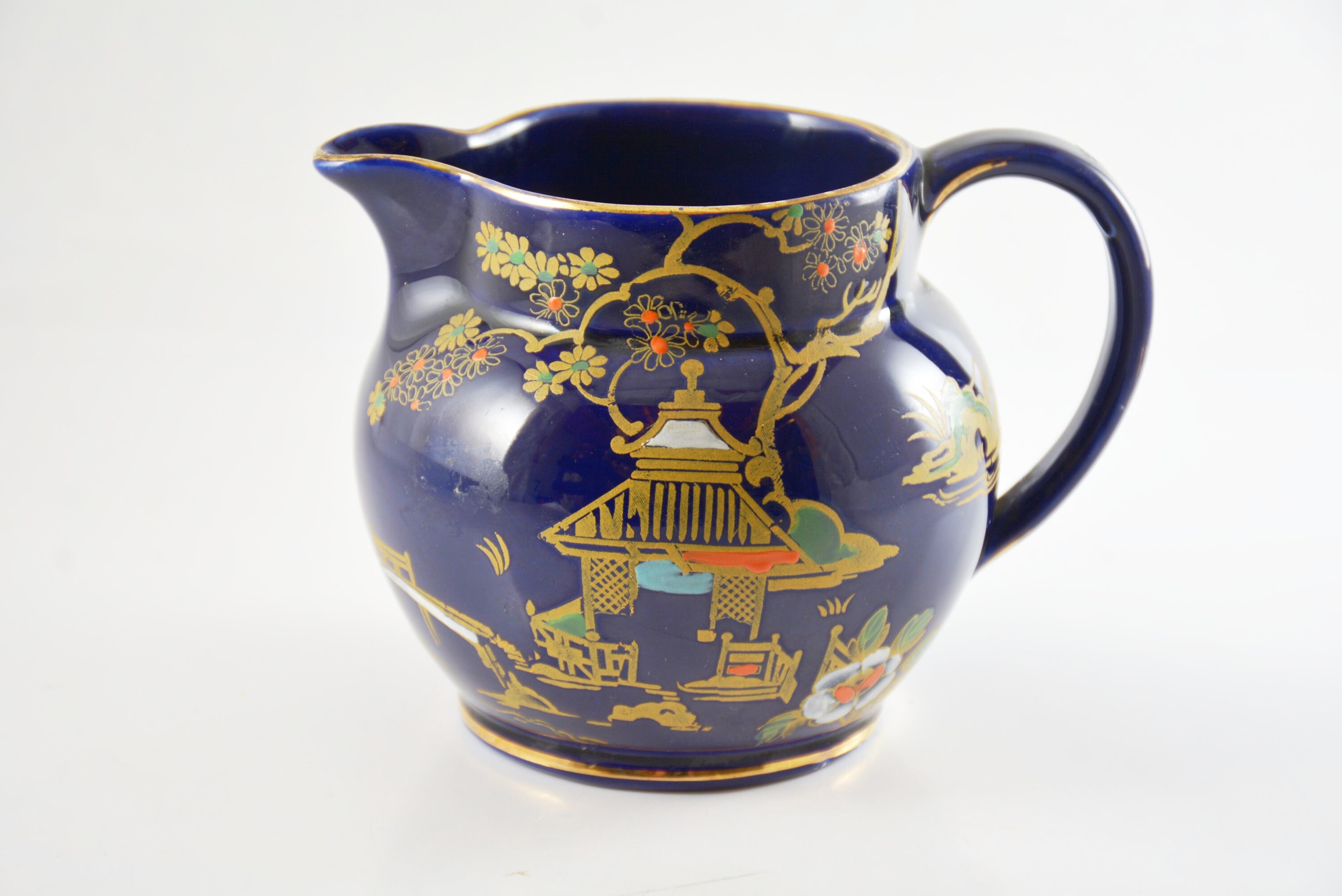 Bursley Ware Crown Pottery Cobalt Squat Pitcher With Pagoda - Etsy