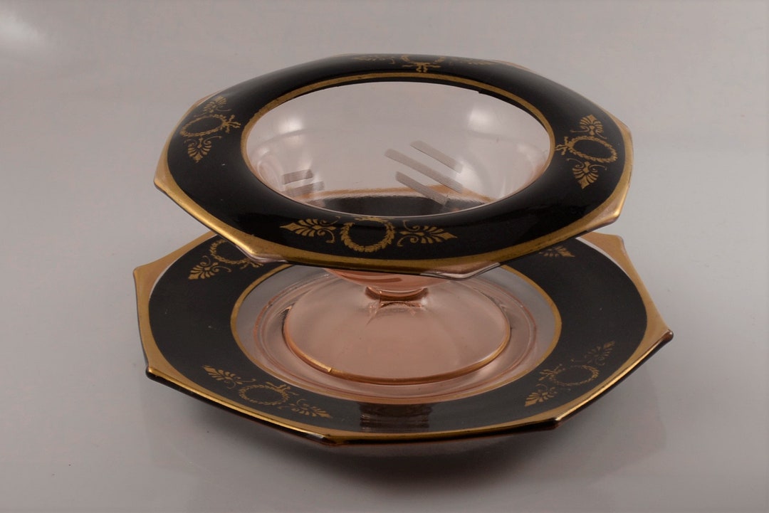 Pink Glass Mayonnaise Bowl With Underplate - Black and Gold Trim - Etsy