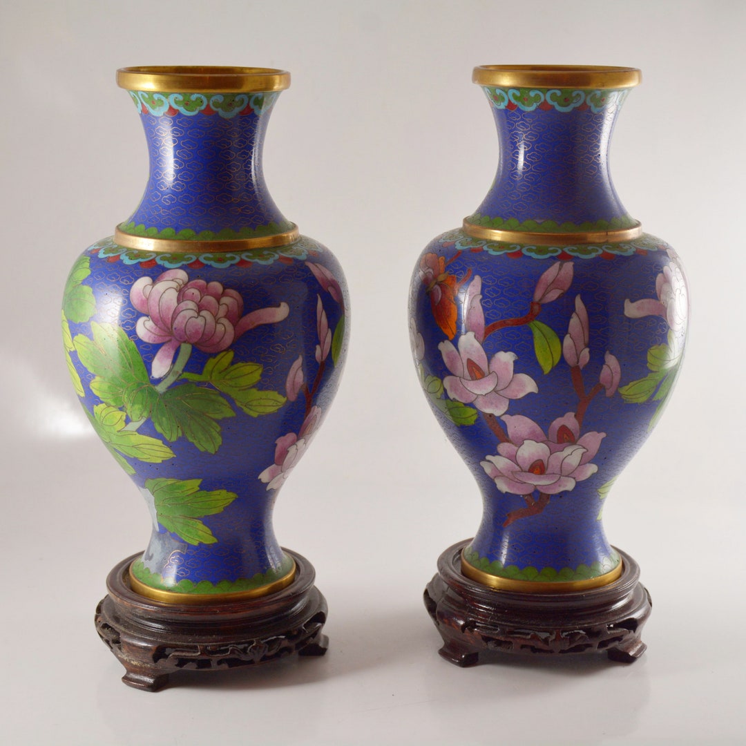 JINGFA Chinese Cloisonne Vases on Wood Stands - Etsy