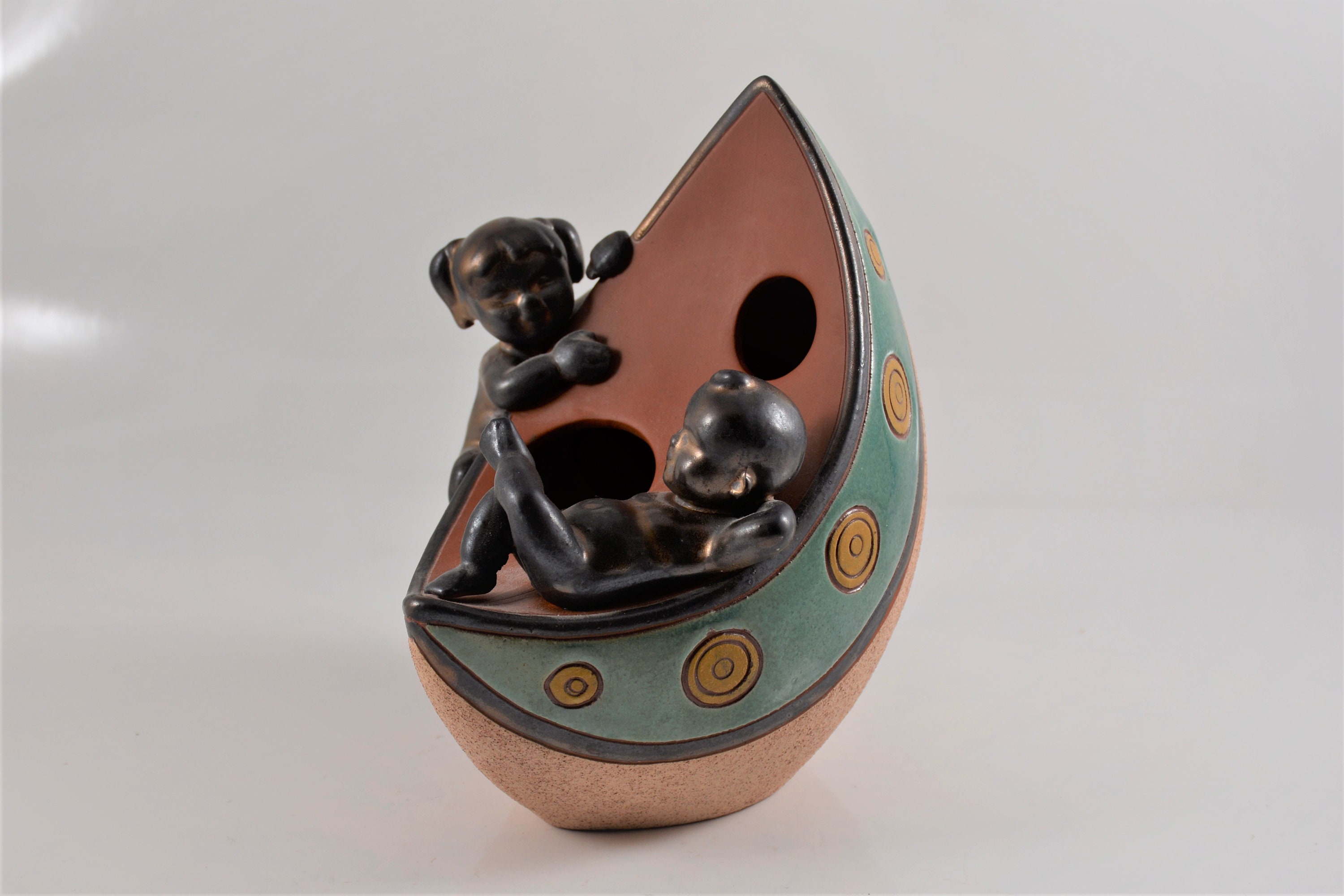 Pottery Half Moon Planter With Child on Either Side - Etsy