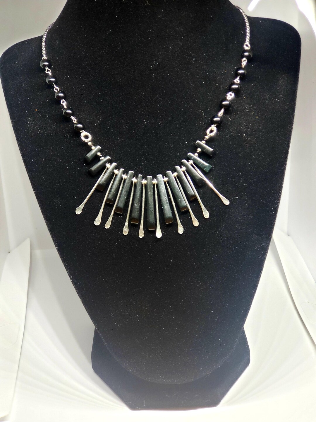 Onyx and Sterling Silver Fan Necklace - Etsy