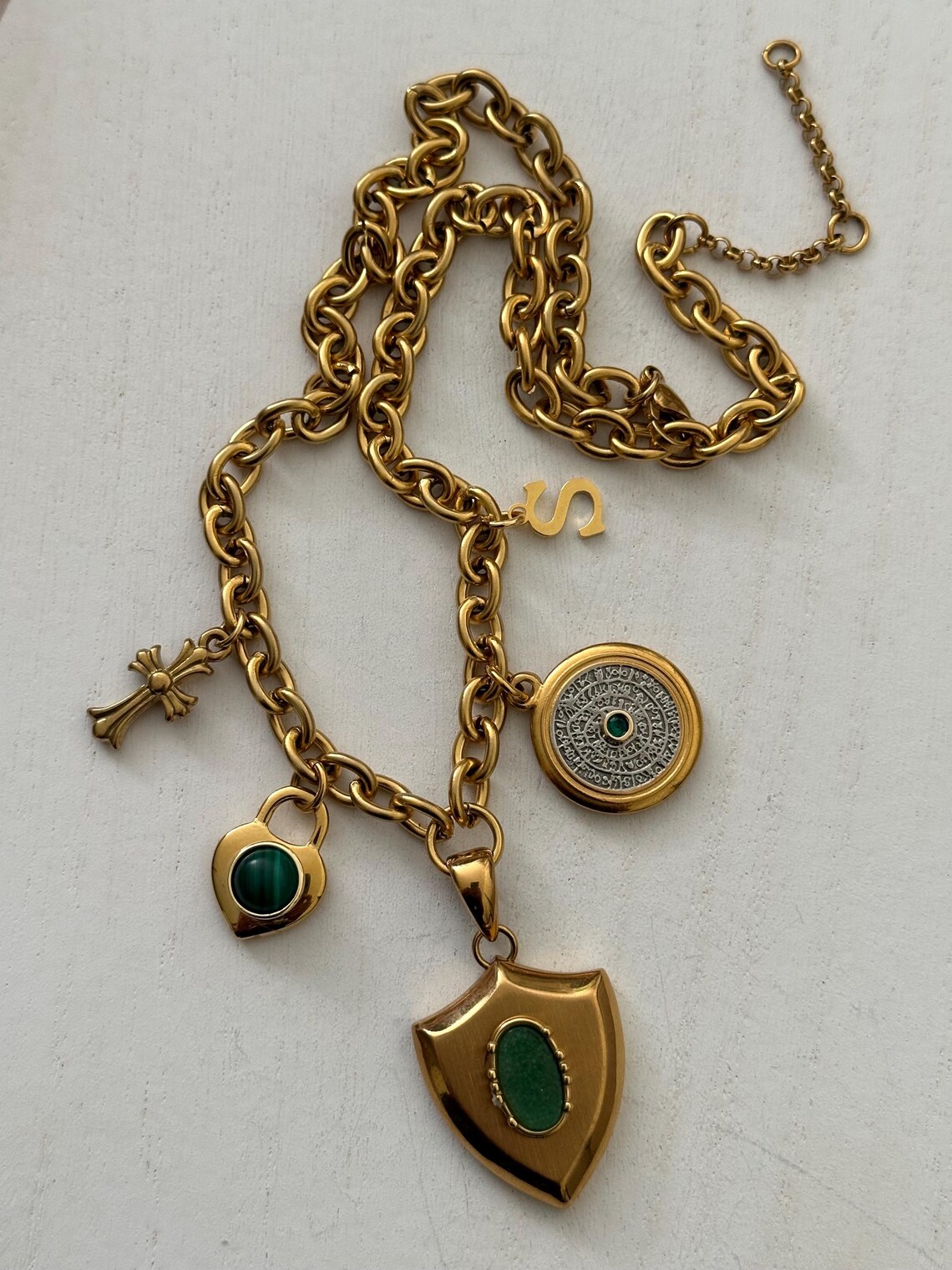 Personalized Green Stone Multi Charm Necklace - Etsy