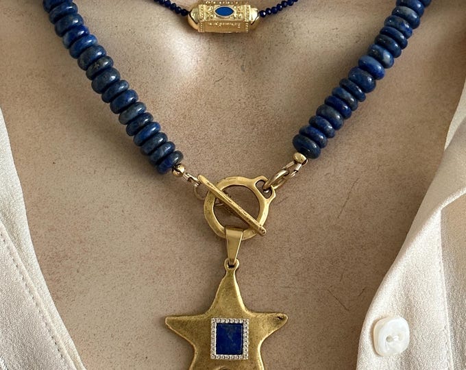 Lapis Star Beaded Necklace/protection Blue Enamel Sliding Bead Necklace ...