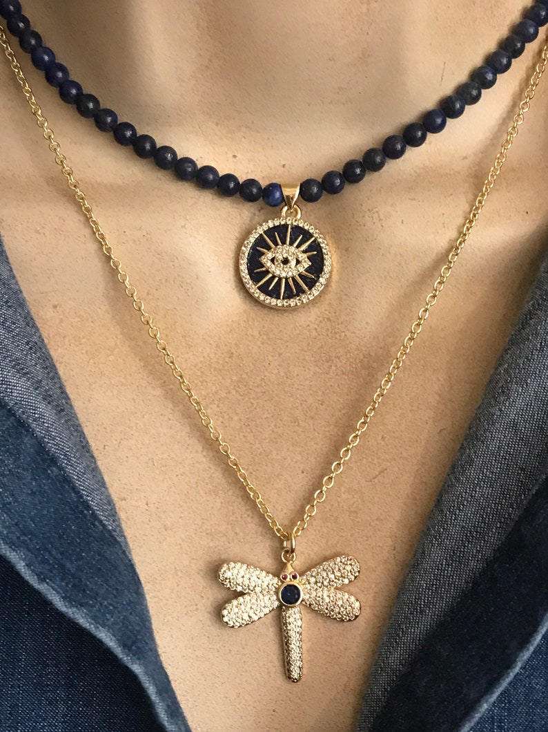 Lapis Dragon Fly Heart Necklace/ Lapis Evil Eye Beaded - Etsy