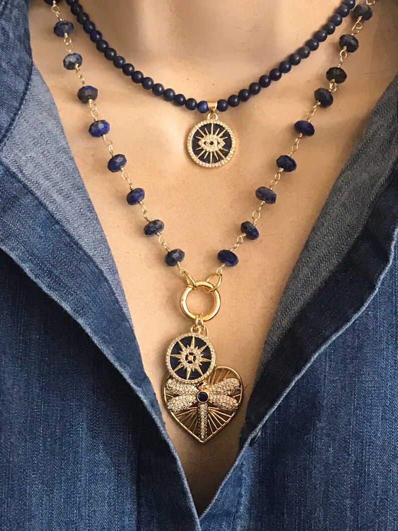 Lapis Dragon Fly Heart Necklace/ Lapis Evil Eye Beaded - Etsy