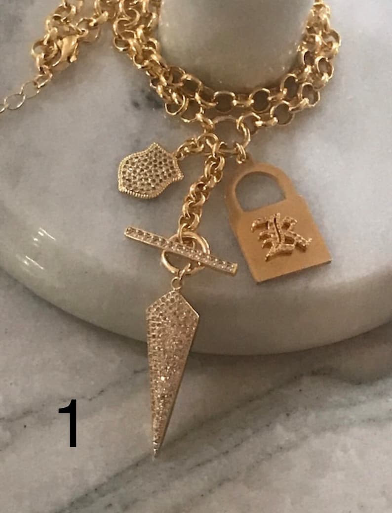 Personalized Padlock and Shield Mix Charms Necklace - Etsy