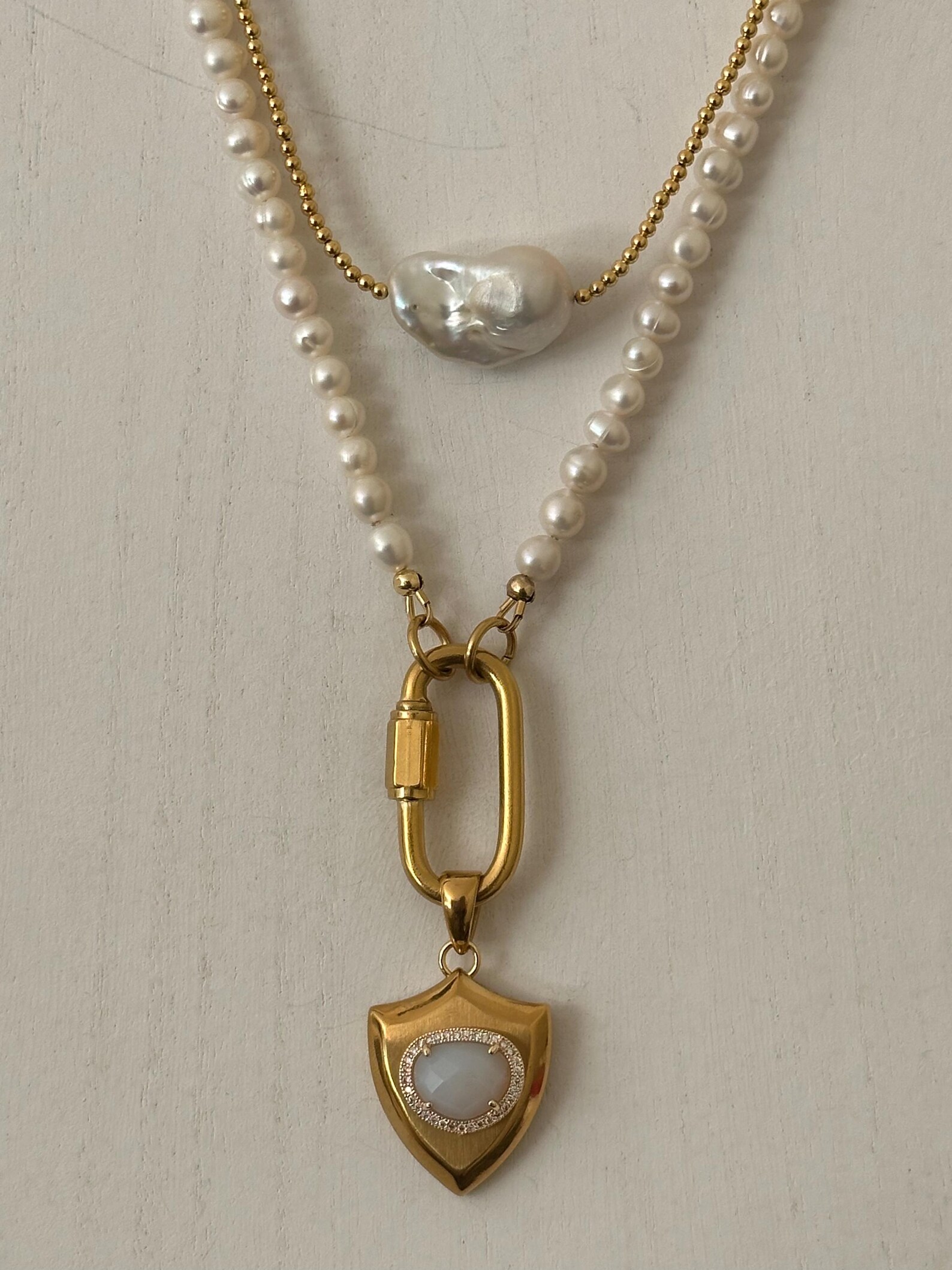 Pearl/moonstone Shield Necklace/gold Filled Baroque Necklace - Etsy