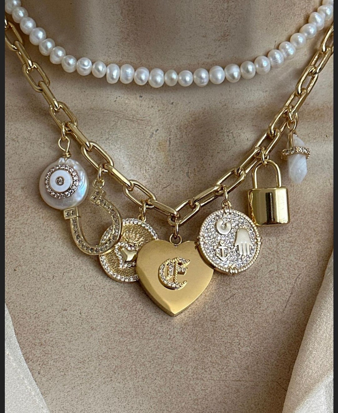 Personalized Heart and Gemstone Multi Charms Protection Necklace - Etsy