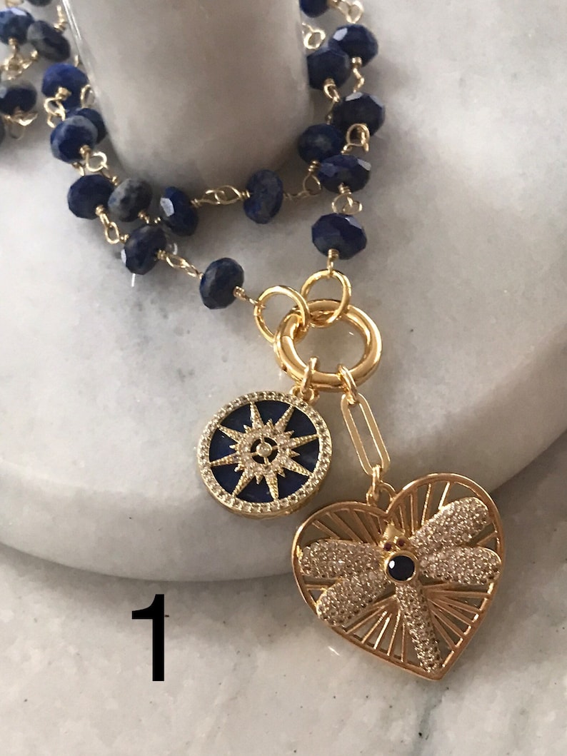Lapis Dragon Fly Heart Necklace/ Lapis Evil Eye Beaded - Etsy